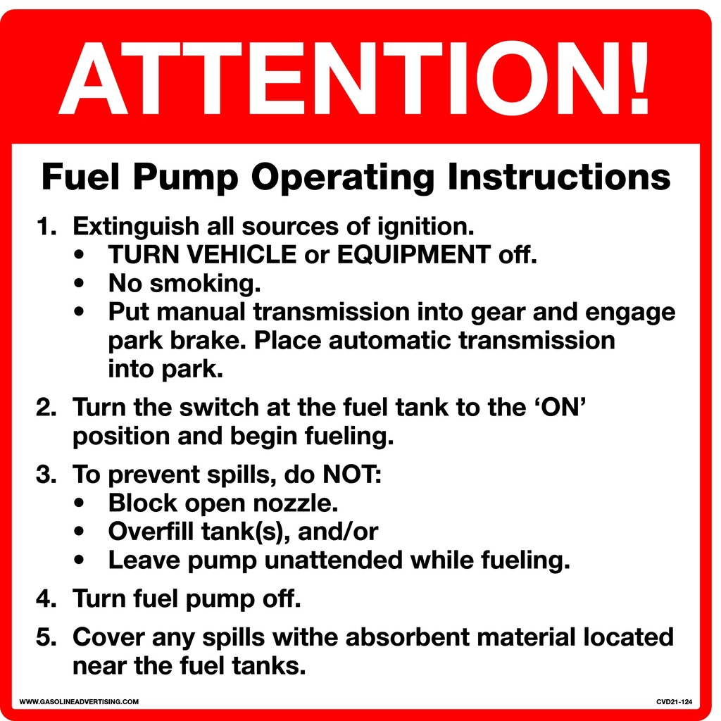 CVD21-124 - 12"W X 12"H - Fuel Pump Operating Instructions DECAL ...