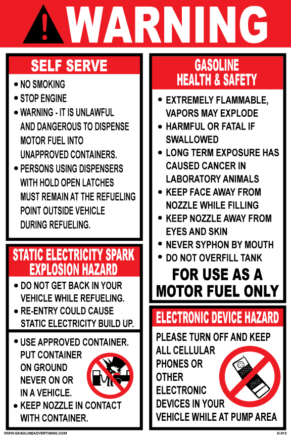 D-813 Fueling Instruction Decal - WARNING...SELF SERVE | Gasoline ...